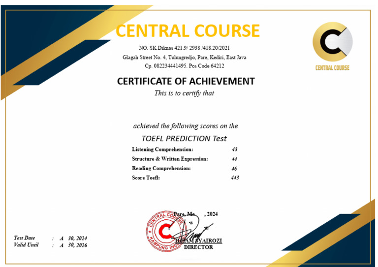 TOEFL Prediction Test Certificate | PDF