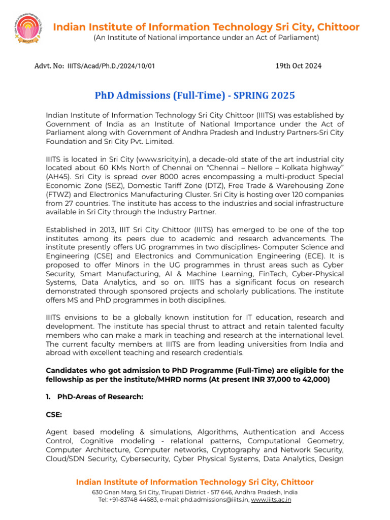 IIITS InformationSheet PhDAdmissions Full Time Spring 2025 Docx | PDF ...