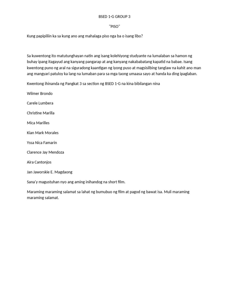 Piso Caption Bsed 1-g Group 3 | PDF