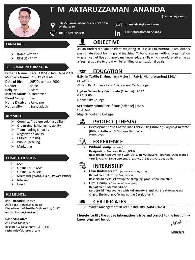 Resume of T M Aktaruzzaman Ananda | PDF | Textiles