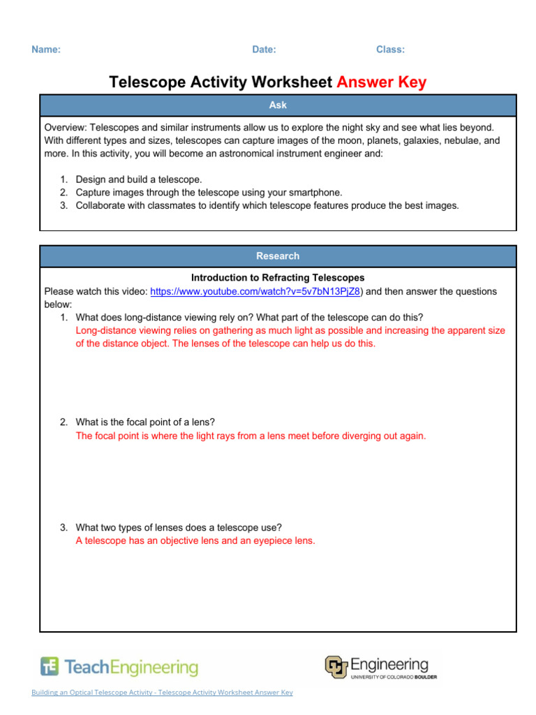 Optical Telescope Activity Worksheet Answer Key | PDF | Telescope | Light