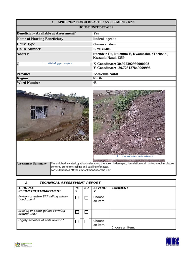 Technical Assessment Form (KZN Floods) - 43 - OID803 | PDF | Erosion | Roof