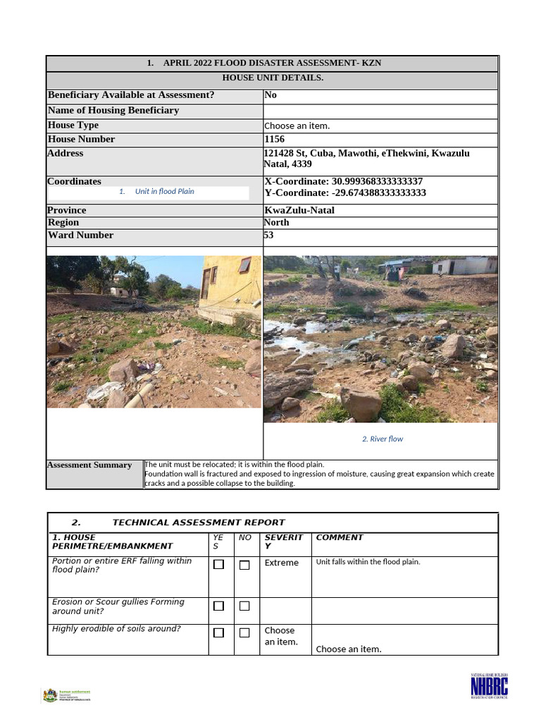 Technical Assessment Form (KZN Floods) - 53 - OID946 | PDF | Erosion ...