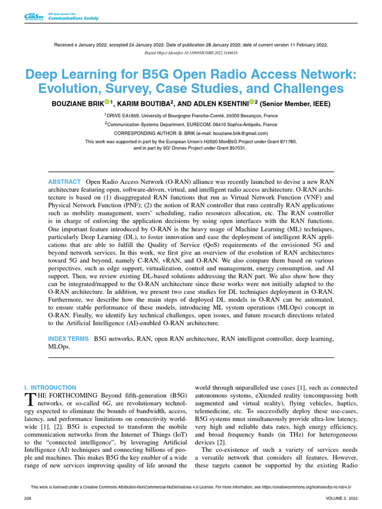 Deep Learning for B5G Open Radio Access Network Evolution Survey Case Studies and Challenges (1 ...