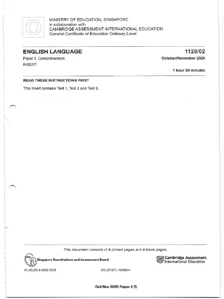 2020 - GCE O LEVEL ENGLISH 1128 Paper 2 | PDF