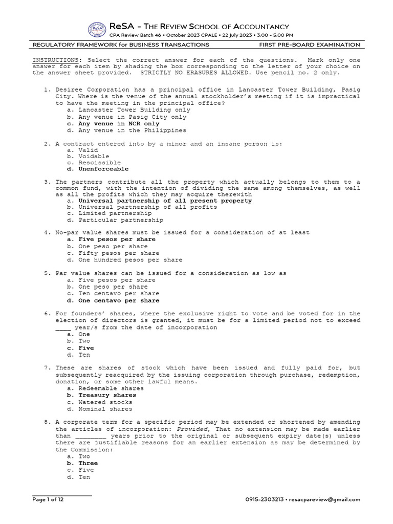 ReSA B46 RFBT First PB Exam - Questions & Answers | PDF | Preferred ...