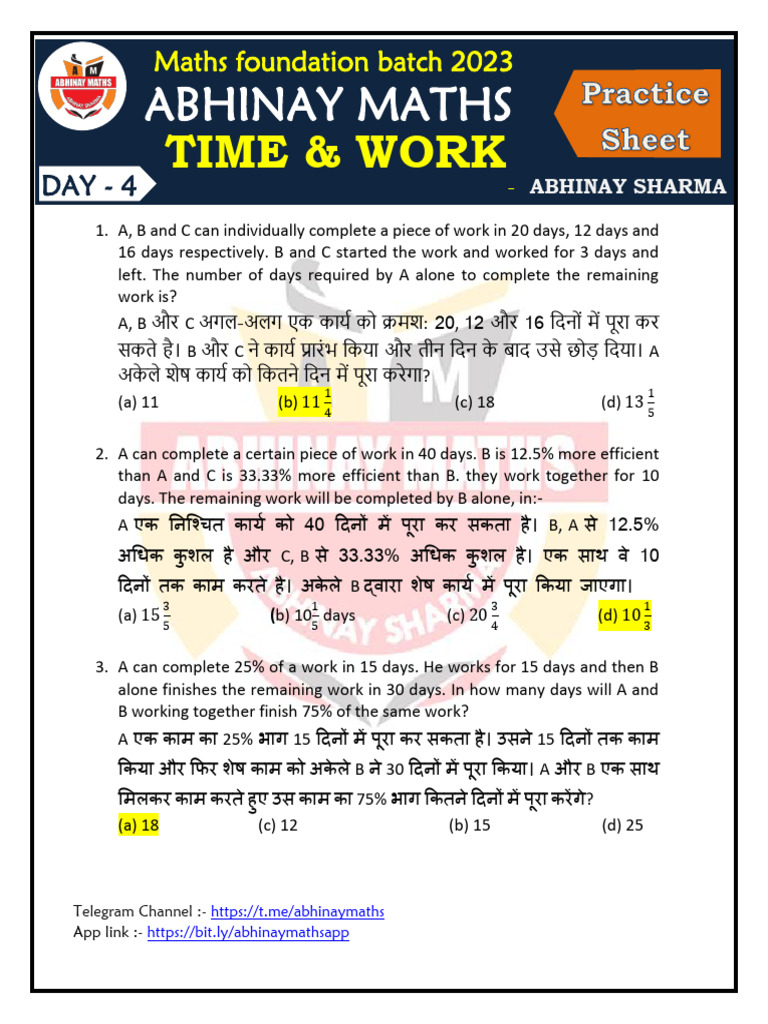 Time & Work Class 3-4 | PDF