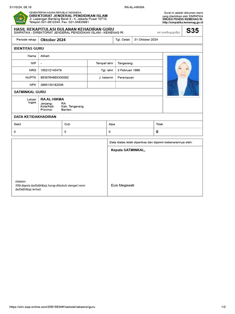 Absensi S35 Bu Atikah Bulan Oktober 2024 | PDF
