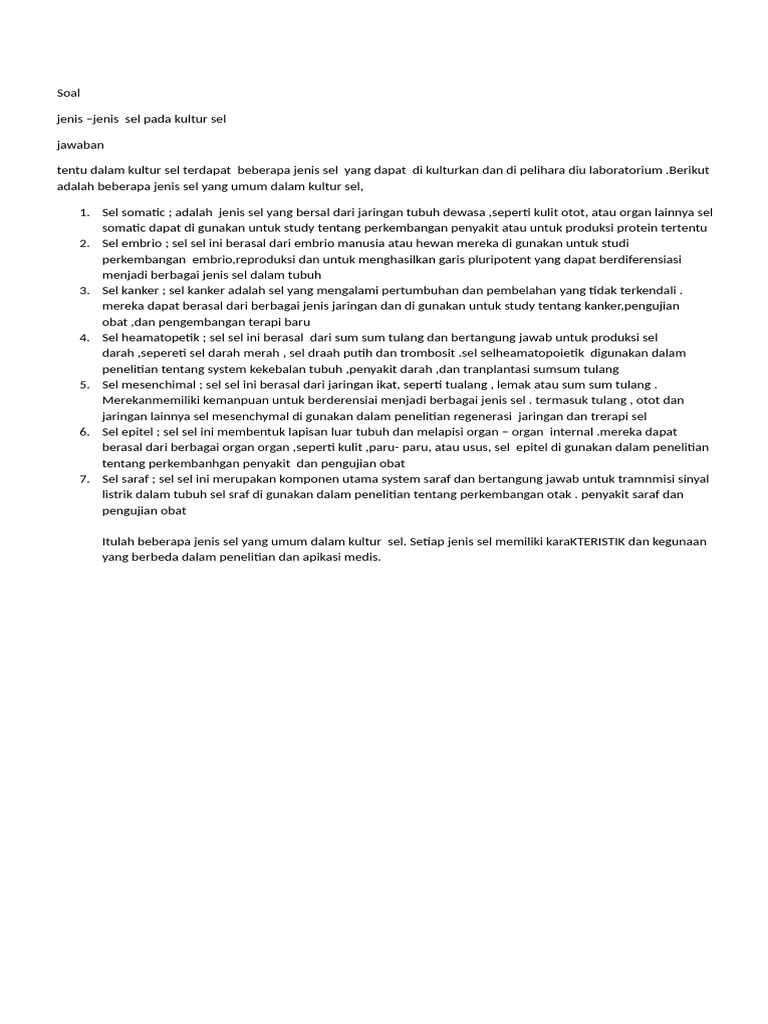 Jawaban Kultur Sel Dan Jenis Jenis Sel | PDF