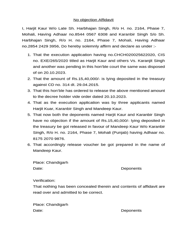 No Objection Affidavit | PDF