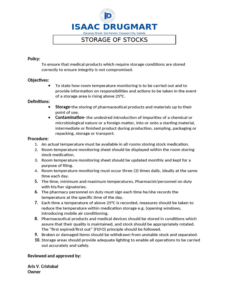 SOP-storage of Stocks | PDF