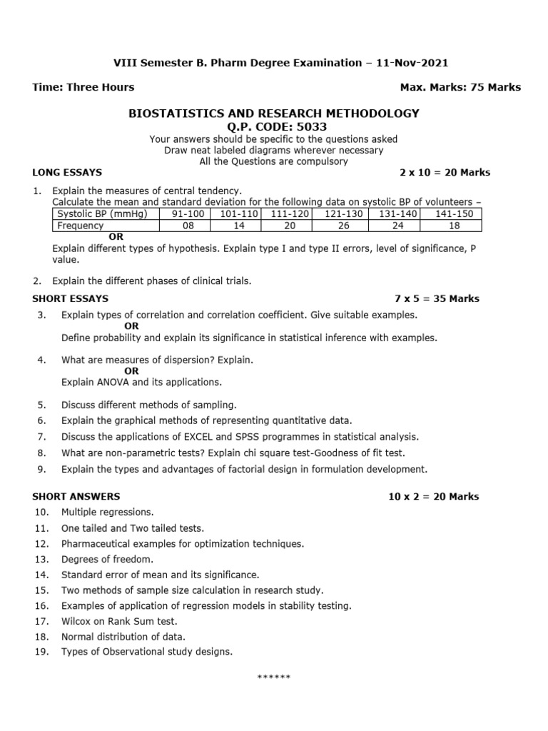 Biostatistics Previous Year Question Papers | PDF | Analysis Of ...
