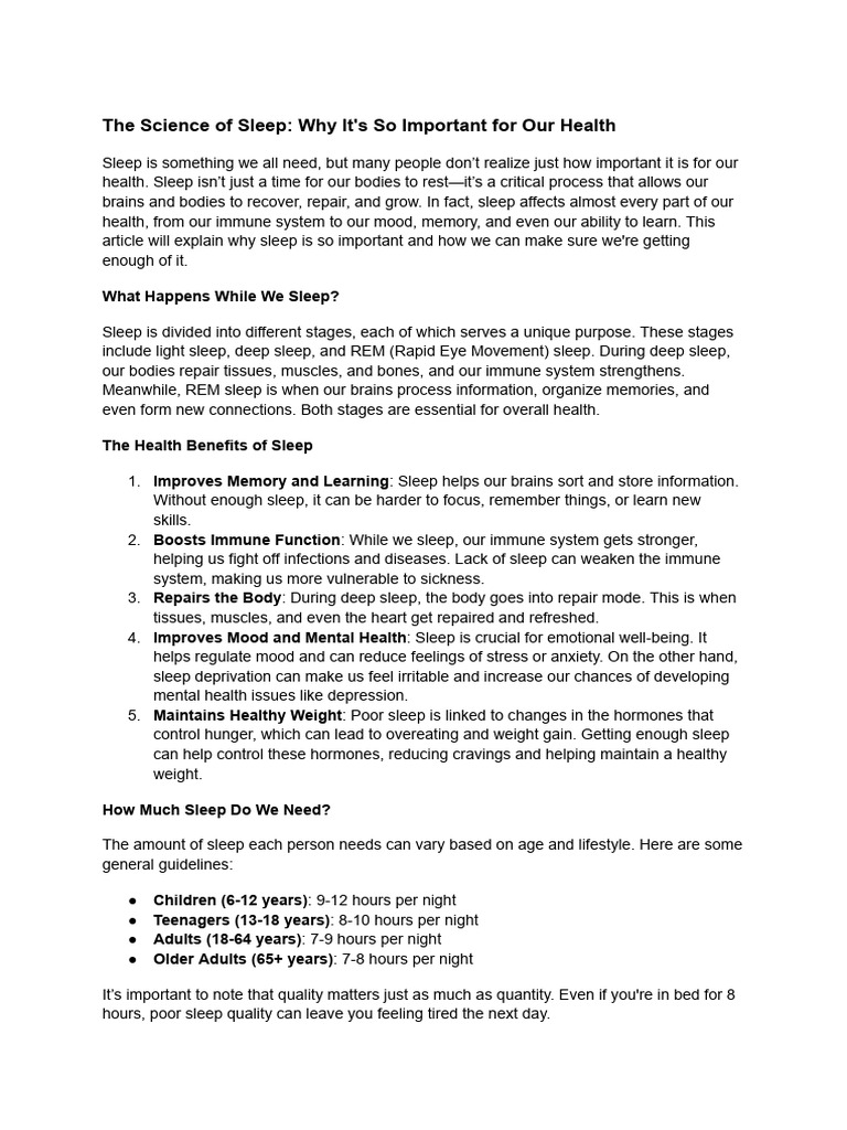 Importance of Sleep for Health | PDF | Sleep | Sleep Deprivation