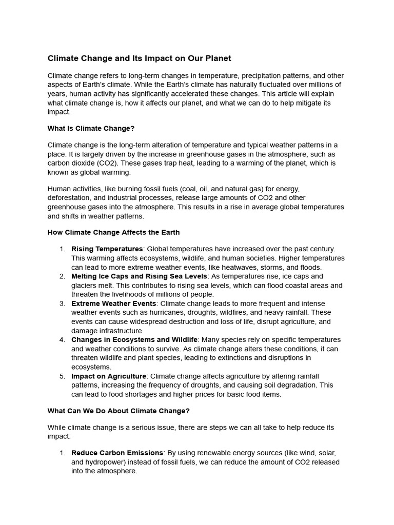 Climate Change and Its Impact on Our Planet | PDF | Climate Change ...