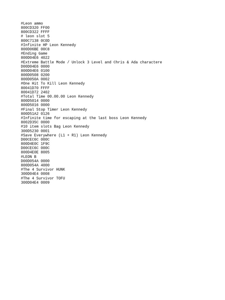 Leon Kennedy Cheat Codes Guide | PDF