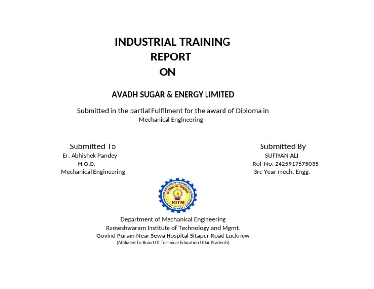 Industrial Training Report: Avadh Sugar | PDF