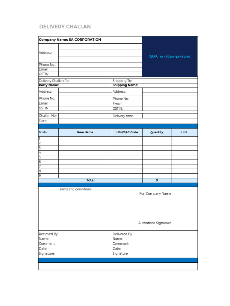 Delivery Challan Template (Excel) | PDF
