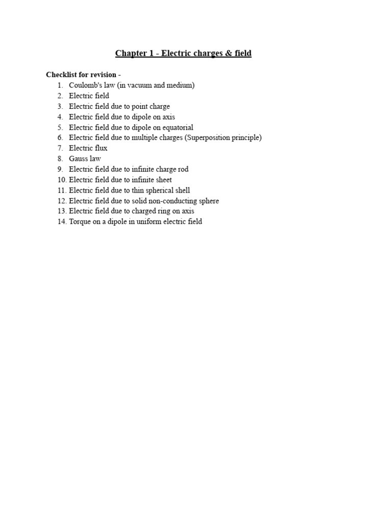 Chapter 1 - Electric Charges & Field Checklist and Derivations | PDF