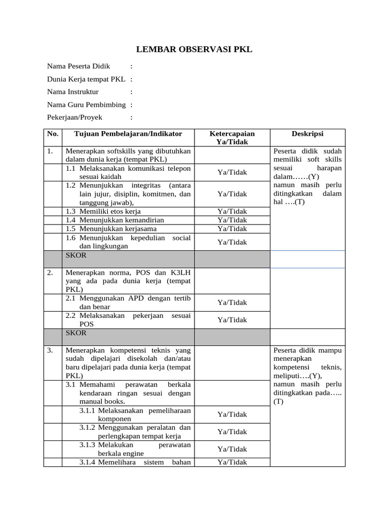 Lembar Observasi PKL | PDF