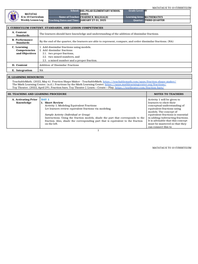 DLL Matatag - Math 4 Q3 W5 | PDF | Learning | Cognition