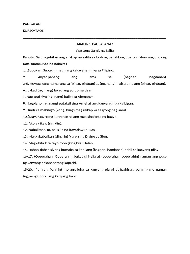 Pagsasanay Sa Wastong Gamit NG Salita - 070843 | PDF