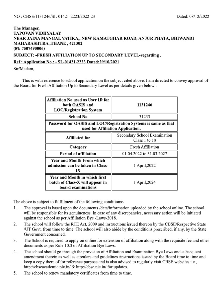 CBSE Affiliation Letter | PDF