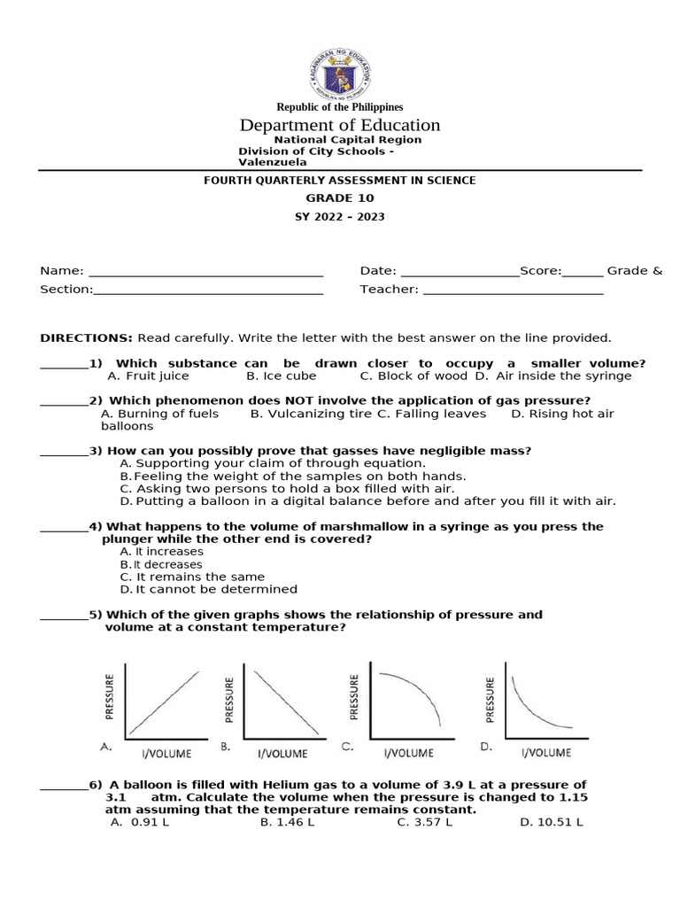Grade 10 Science Quarterly Assessment | PDF | Gases | Chemical Reactions