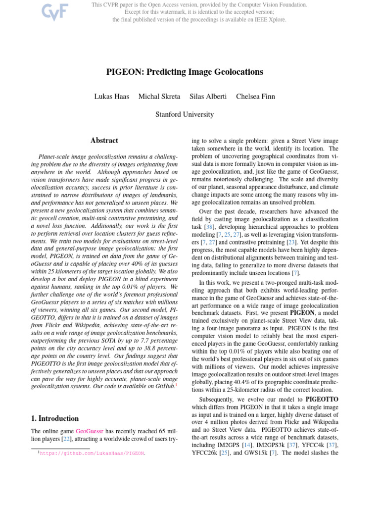 PIGEON: Advanced Image Geolocalization | PDF | Cluster Analysis | Deep Learning