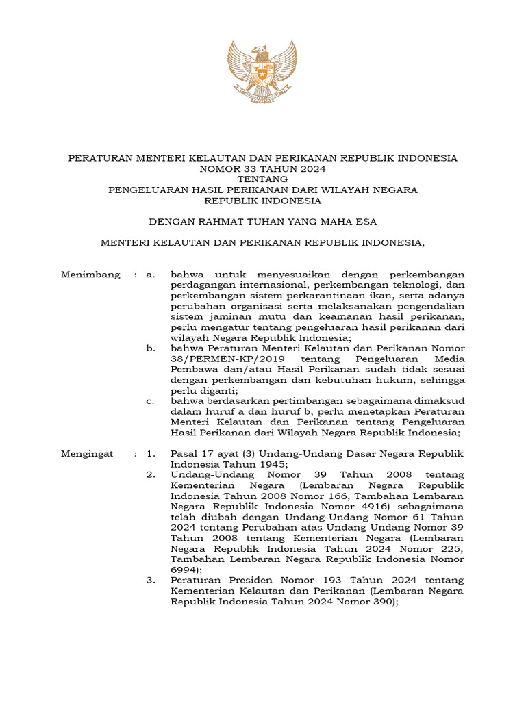 Peraturan Menteri Kelautan Dan Perikanan Nomor 33 Tahun 2024 Pengeluaran Hasil Perikanan Dari ...