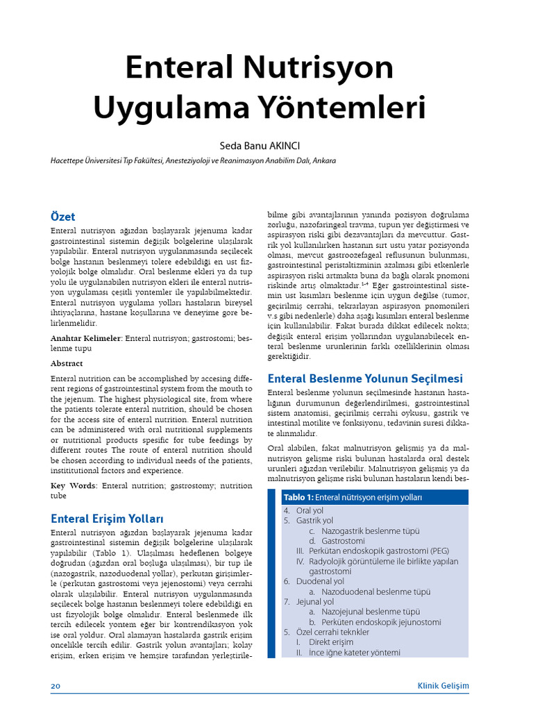 Enteral Nutrisyon Uygulama Yöntemleri: Seda Banu AKINCI | PDF