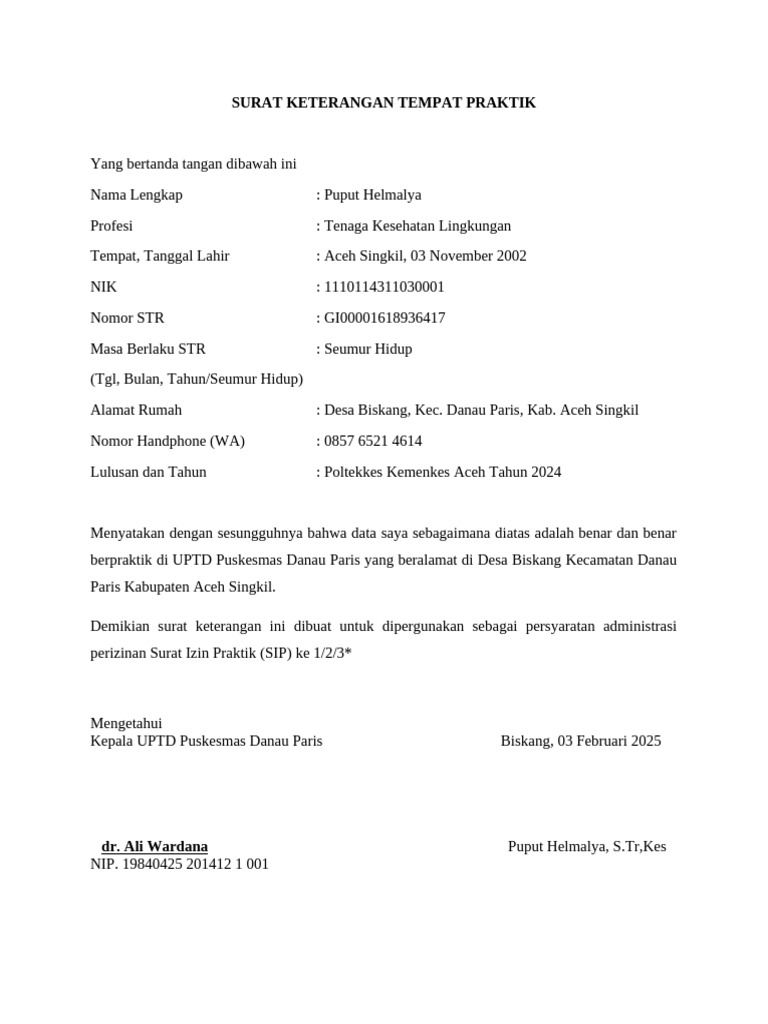 Surat Keterangan Tempat Praktik | PDF