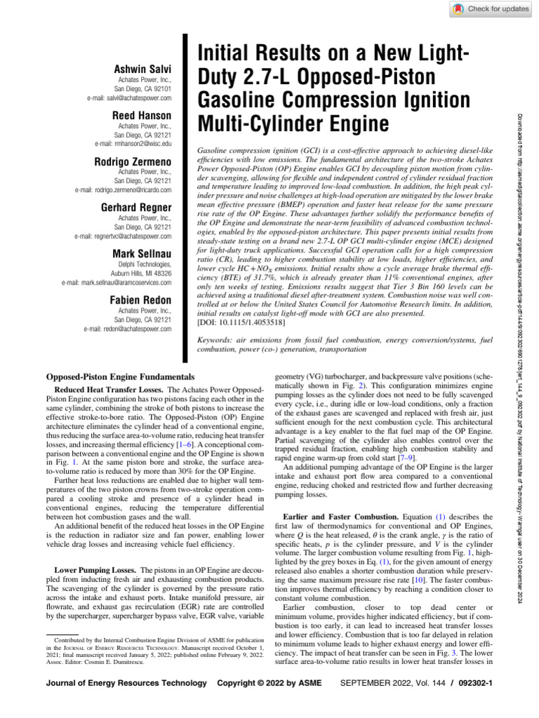 Initial Results on a New LightDuty 2.7-L Opposed-Piston Gasoline ...