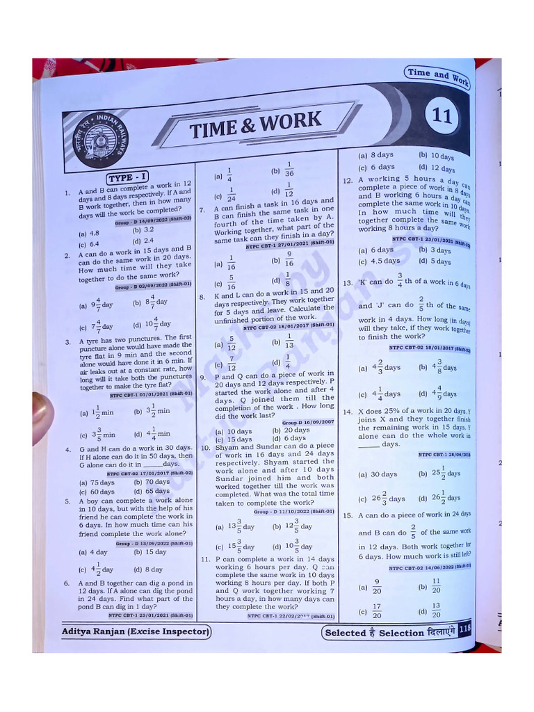Time and Work (Aditya Ranjan Sir) | PDF
