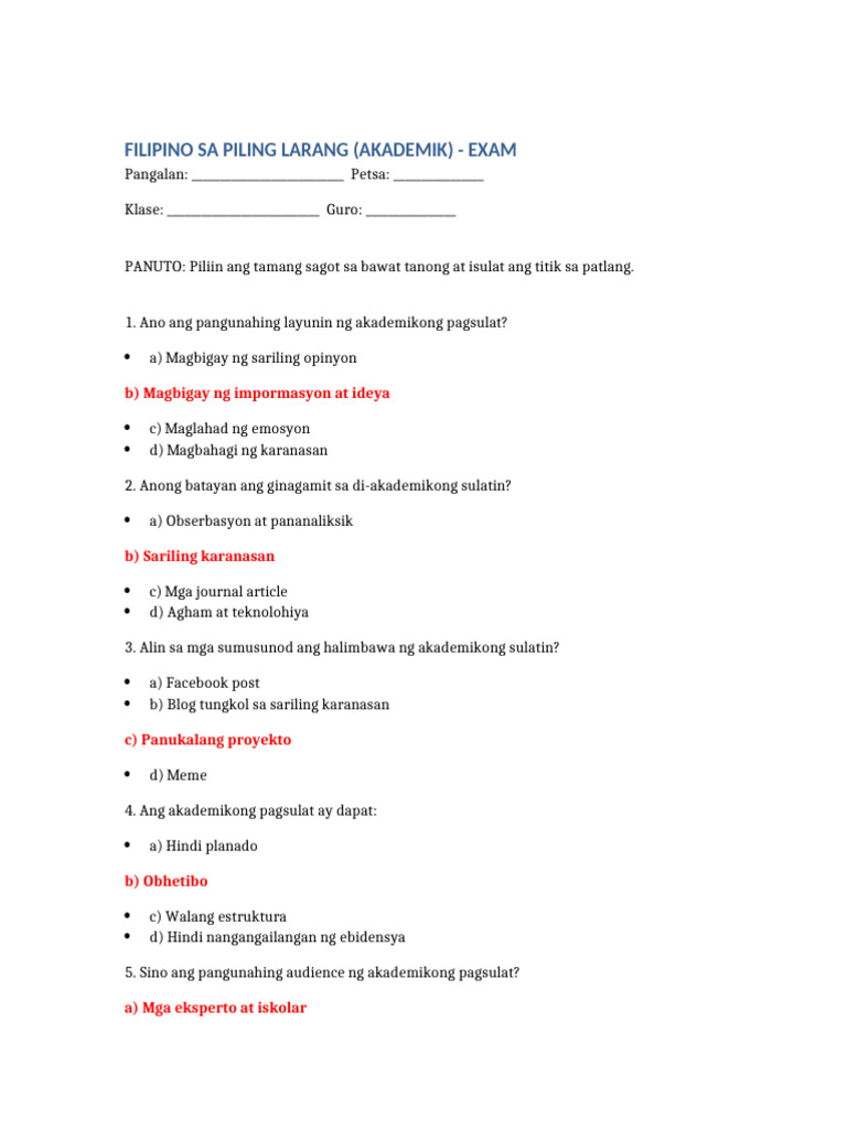 Filipino Sa Piling Larang Exam Complete 50 | PDF