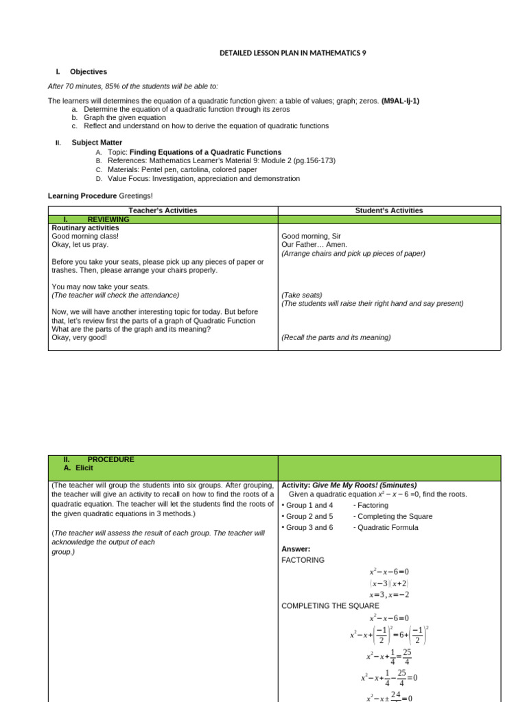 Detailed Lesson Plan in Mathematics 9 | PDF | Quadratic Equation ...