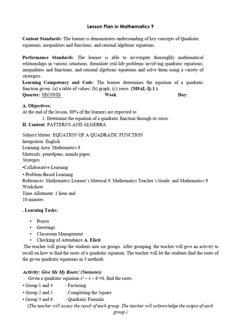 Quadratic Functions Lesson Plan | PDF | Quadratic Equation | Equations