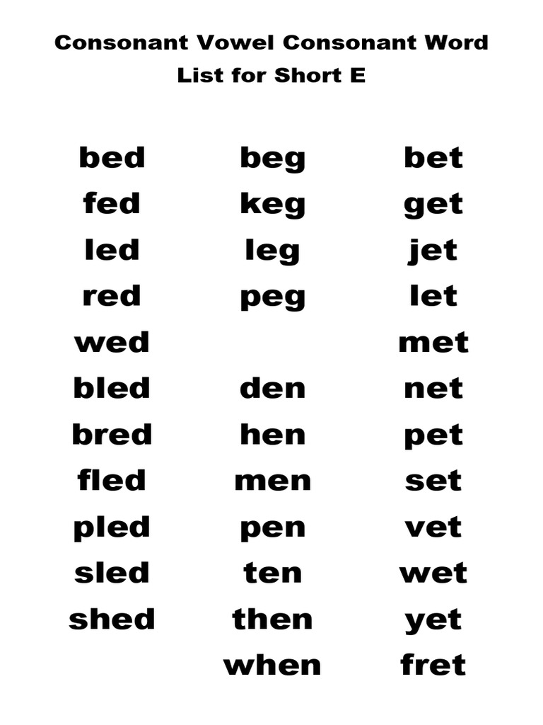 Consonant Vowel Consonant Word List For Short E | PDF