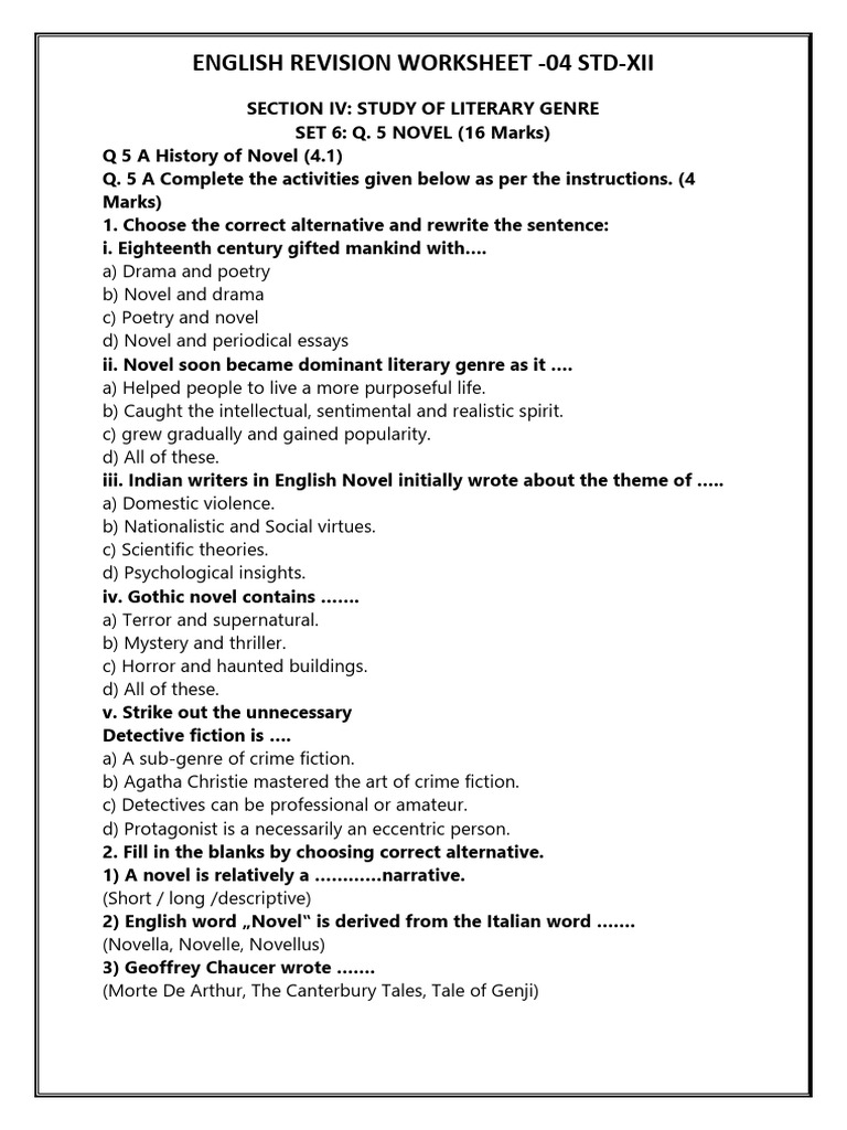 ENGLISH REVISION WORKSHEET -04 STD-XII | PDF | Novels | Novella