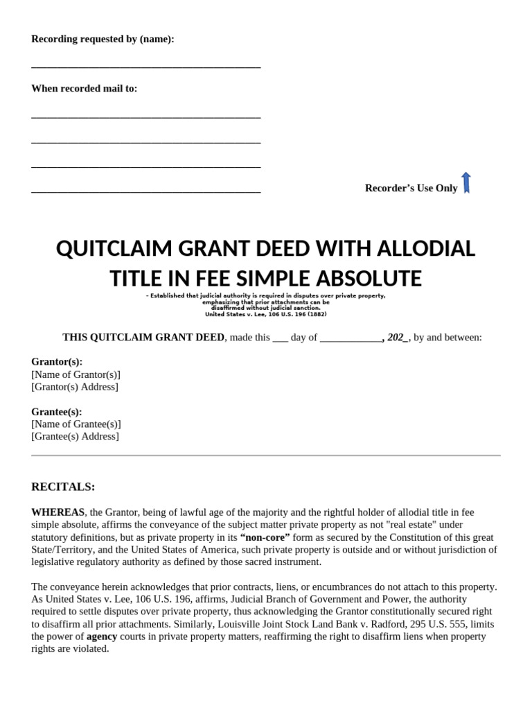QUIT CLAIM Grant Deed in Allodial and Fee Simple Absolute | PDF | Fee ...