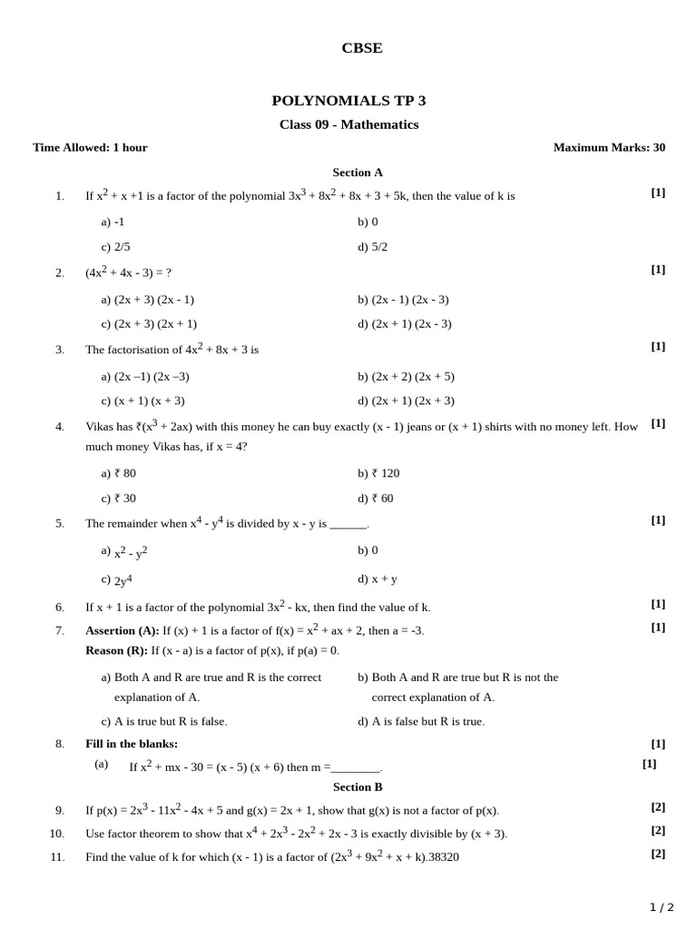 Polynomials TP 3 (Factorisation of Polynomials and Factor Theorem) | PDF | Factorization ...