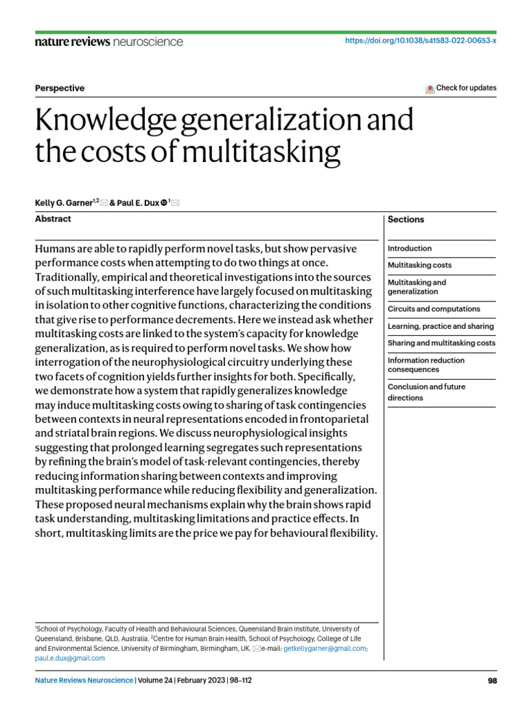 Knowledge Generalization and The Costs of Multitasking | PDF | Striatum ...