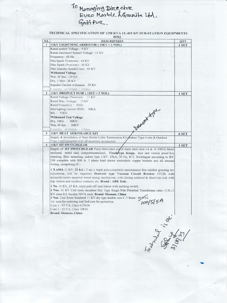 1250KVA Substation for Euro Marble & Granite Ha-Meem Group | PDF