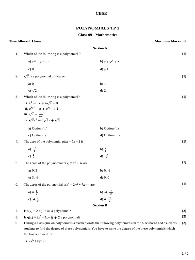 Class 9 Polynomials Practice Test | PDF | Zero Of A Function | Polynomial