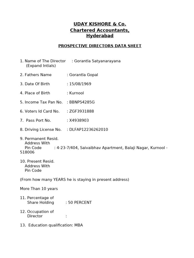 Prospective Director Data Sheet: Gorantla Satyanarayana | PDF