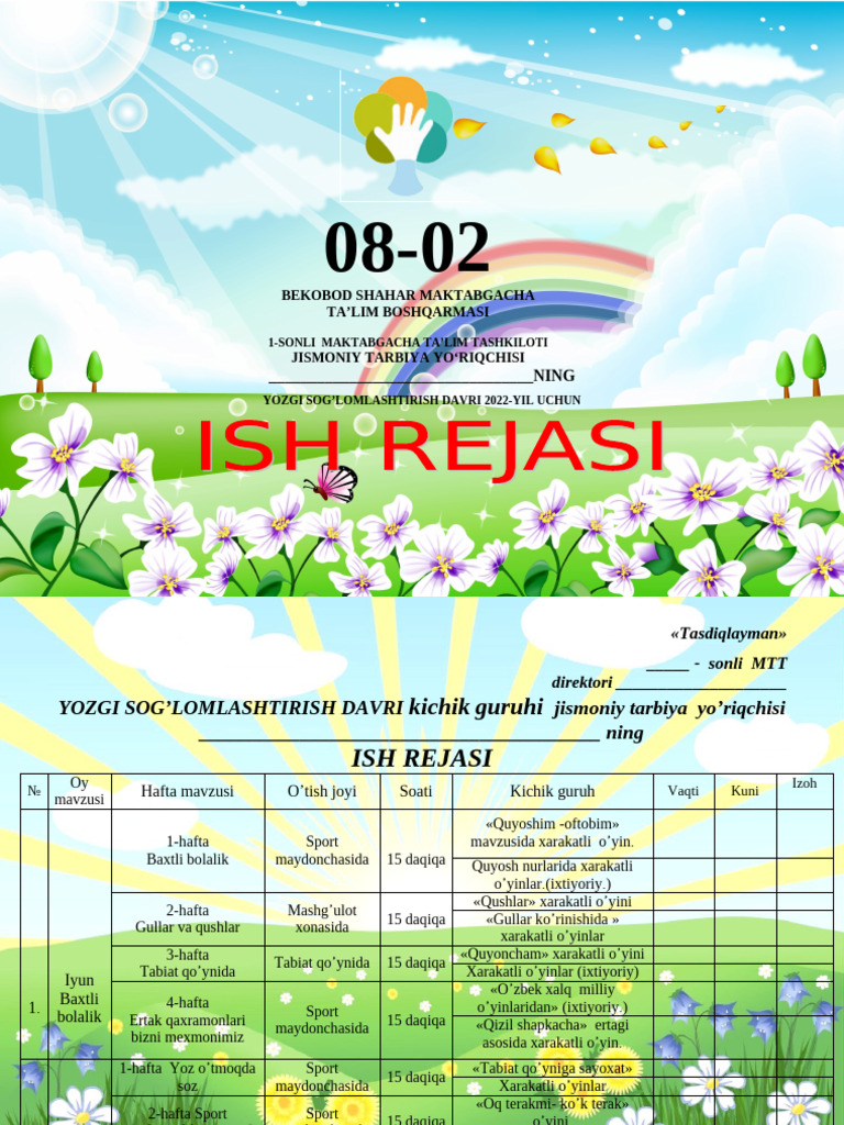 Jismoniy Tarbiya Yo'Riqchisi Ish Reja Yoz Mavsumi Uchun 2 DILDORA OPCHA | PDF