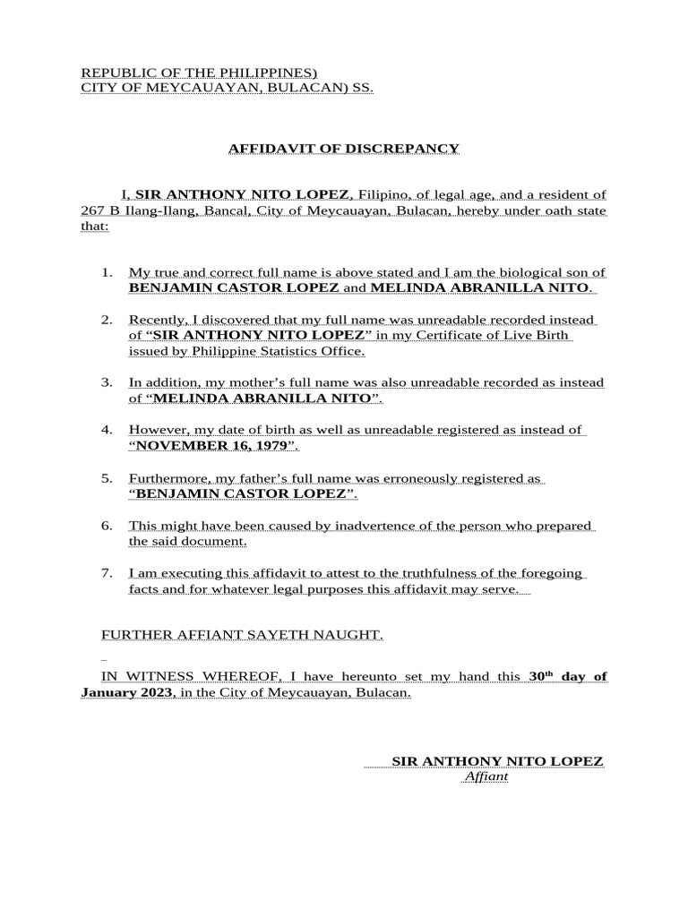 Affidavit of Name Discrepancy in Birth Certificate | PDF