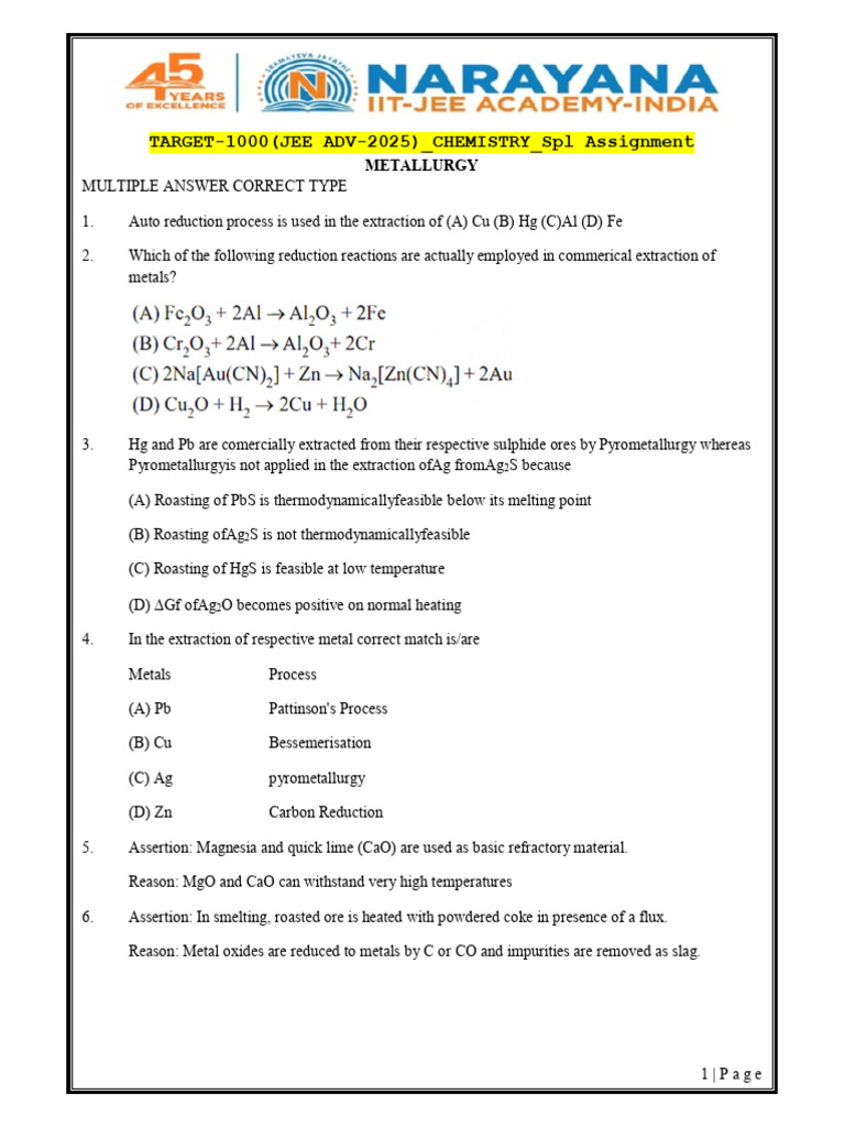 06-02-25 - TARGET-1000 (JEE ADV-2025) - CHEMISTRY - SPL Assignment - METALLURGY | PDF ...