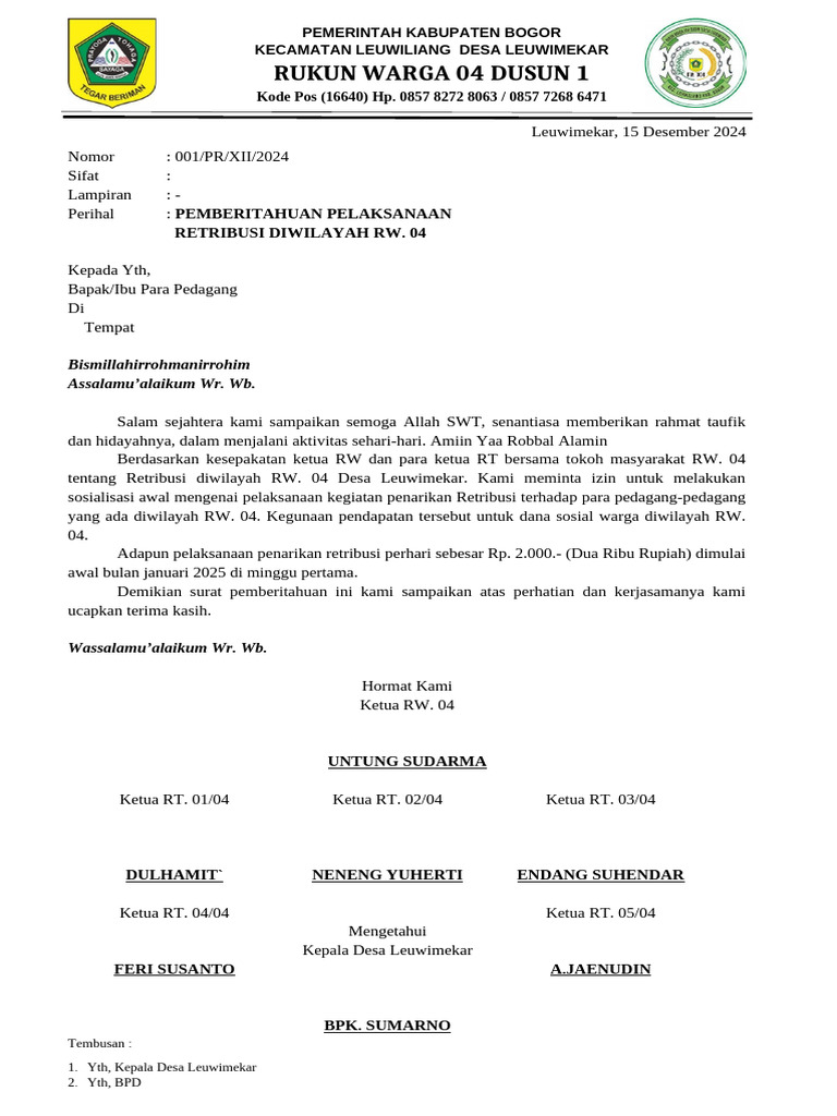 Pemberitahuan Pelaksanaan Retribusi Pak RW Untung | PDF