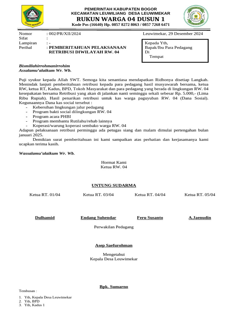 Pemberitahuan Retribusi RW 04 Leuwimekar | PDF