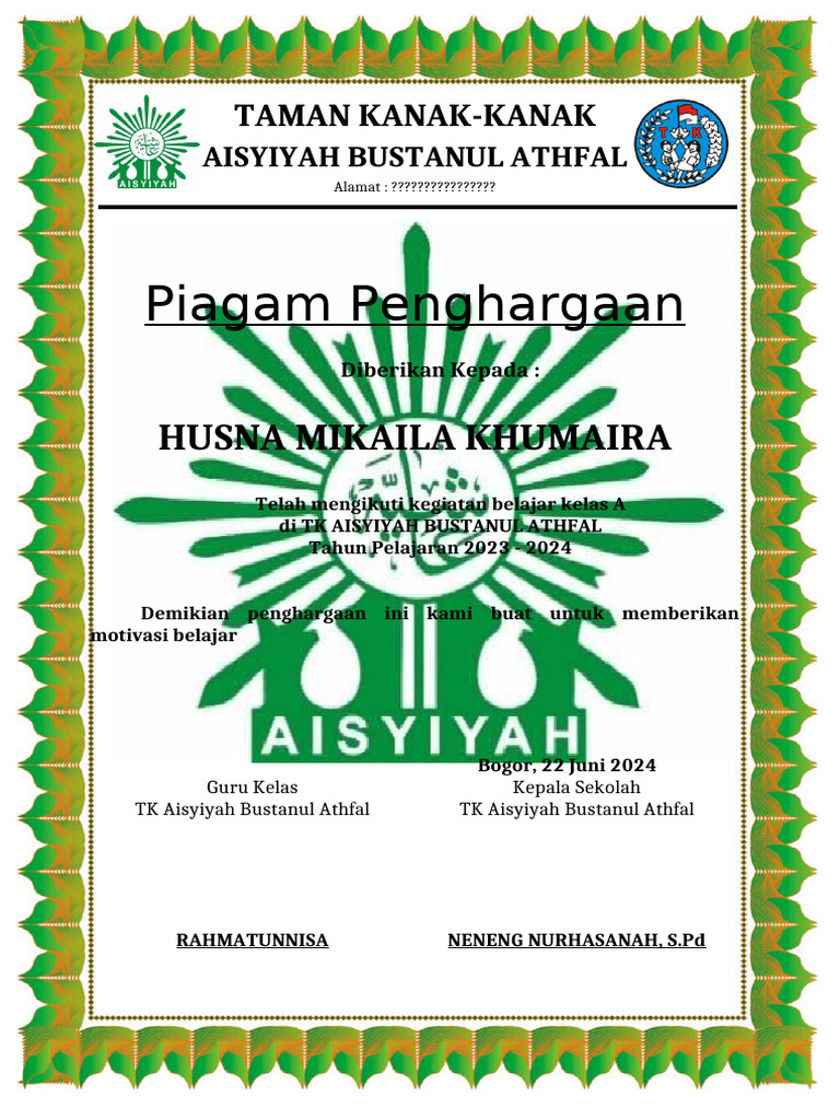 Piagam Penghargaan Tk Aisyiyah Bustanul Athfal | PDF